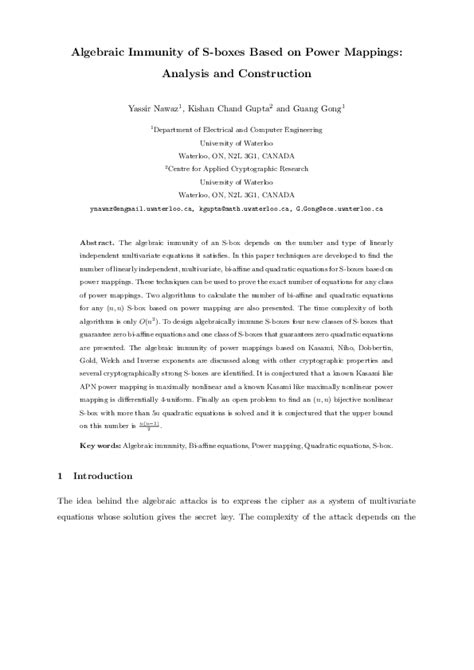Pdf Algebraic Immunity Of S Boxes Based On Power Mappings Analysis And Construction