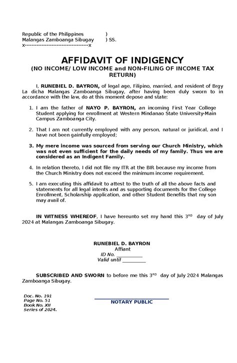 St Joint Affidavit Of Non Filing Itr Republic Of The Philippines Malangas Zamboanga Sibugay