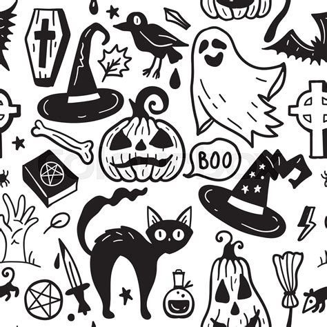 monochrome seamless pattern of horror halloween hand drawn doodle