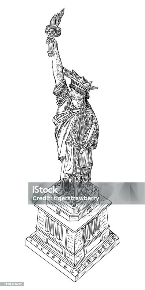 손 그리기 스타일 선 부화 스트로크에 자유의 여신상 손으로 그린 스케치 미국의 국가 상징 뉴욕과 미국의 랜드 마크 벡터 0명에 대한 스톡 벡터 아트 및 기타 이미지 Istock