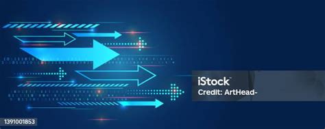 화살표가있는 미래 지향적 인 빨강 파랑 줄무늬 프리젠 테이션 및 웹 사이트를위한 현대적인 하이테크 배경 빛나는 역동적 인 선으로