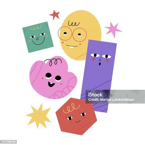 추상 기하학적 문자 구성 귀여운 얼굴을 가진 기본 인물 재미있는 그래픽 이모티콘 현대 유치한 인쇄 포스터 또는 배너 격리된 그림 개체입니다 벡터 만화 낙서 그림 공부에 대한