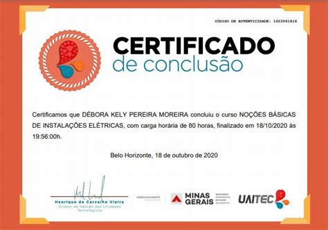 Débora Moreira On Linkedin Certificado De Conclusão Do Curso Noções Básicas De Instalações