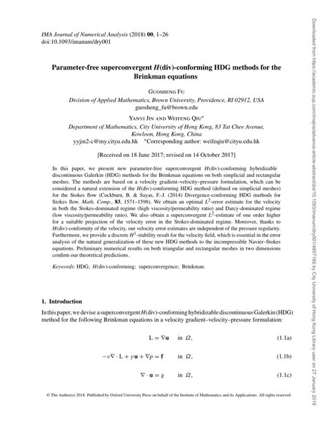 Pdf Parameter Free Superconvergent H Mathrm{div} Conforming Hdg Methods For The Brinkman