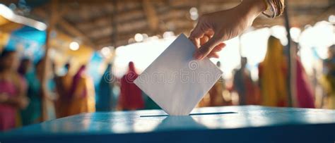 The Hand Placing A Ballot Into A Blue Voting Box During An Election
