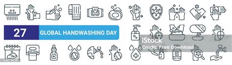 손 건조기 손 씻기 손 씻기 바이러스 시간 티슈 물방울 손 씻기 벡터 얇은 선 아이콘과 같은 27개의 개요 웹 글로벌 손씻기 날