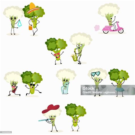 재미있는 만화 캐릭터 브로콜리와 콜리플라워 타기 악기 연주 스포츠 건강 식품 요리 재료 어린이 티셔츠 디자인의 벡터