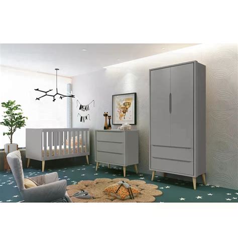 Quarto Infantil Theo 2 Portas Cinza Fosco Com Pés Madeira Natural