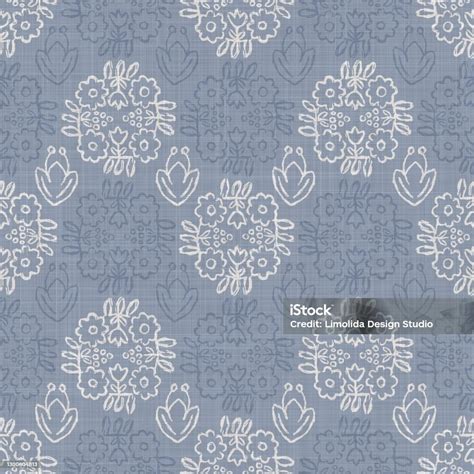 매끄러운 프렌치 농가 린넨 프린트 플로럴 다마스 백 프로방스 블루 그레이 린넨 패턴 텍스처 초라한 세련된 스타일 짠 블러 배경 인쇄물 전체에 섬유 소박 0명에 대한 스톡
