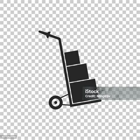 핸드 트럭 및 상자 아이콘 투명 한 배경에 고립 돌리 기호입니다 평면 디자인입니다 벡터 일러스트 레이 션 이주 개념에 대한 스톡 벡터 아트 및 기타 이미지 Istock