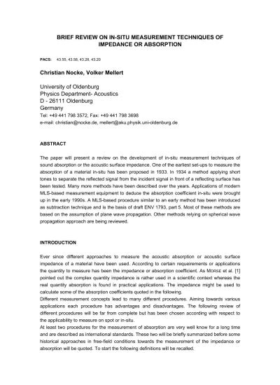 Brief Review On In Situ Measurement Techniques Of Impedance Or Absorption