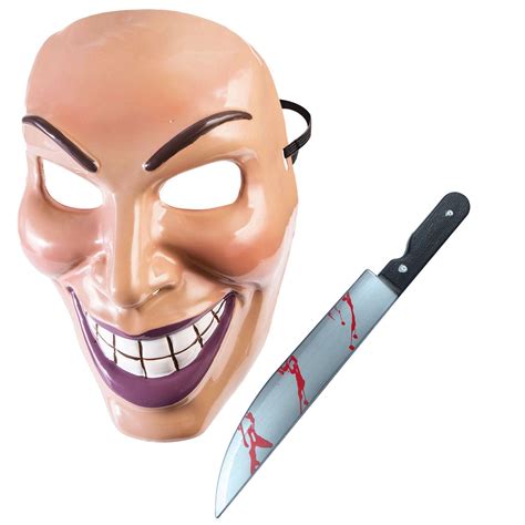 Male Evil Grin Purge Face Mask With Fake Bloody Kitchen Knife Prop