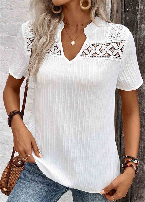 Plus Size White Lace Short Sleeve Split Neck Blouse Modlily Com USD 37 98