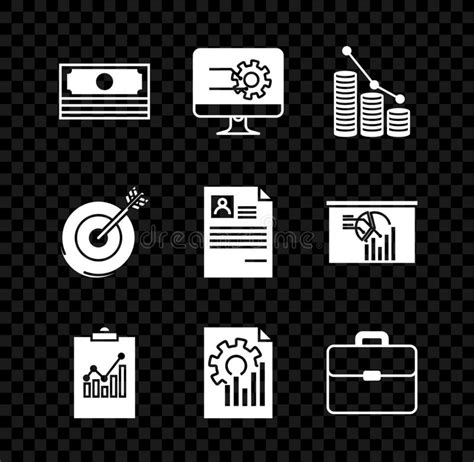 Set Stacks Paper Money Cash Computer Monitor With Graph Chart Pie Infographic And Coin