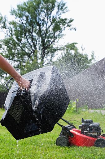 잔디 깎기 잔디 깎는 기계의 잔디 포수를 물로 씻는다 녹색 잔디의 배경에 물 튀김 가스 구동 자가 추진 잔디 깎는 기계