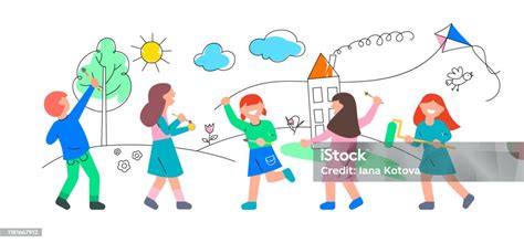 어린이들이 그림을 그립니다 어린이 태양과 구름 나무와 꽃 집 새와 연 플랫 일러스트레이션 드로잉 교육 지구의 날 어머니의 날과 어린이날에 인사 교육에 대한 스톡 벡터 아트