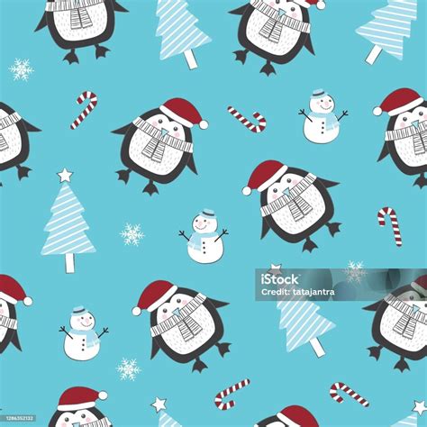 펭귄 배경 눈사람 겨울 패턴 포장지 겨울 인사말 웹 페이지 배경 크리스마스와 새해 인사말 카드크리스마스 원활한 패턴 12월에 대한 스톡 벡터 아트 및 기타 이미지 Istock