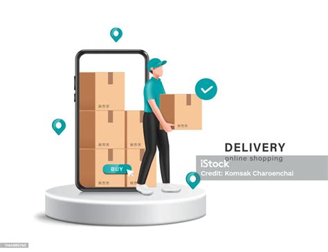 스마트폰 앞에 서 있는 제복을 입은 배달원과 둥근 연단에 서서 고객에게 배달되기를 기다리는 소포 상자를 들고 있다 배달에 대한 스톡 벡터 아트 및 기타 이미지 Istock