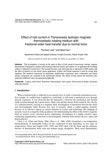 Pdf Effect Of Hall Current In Transversely Isotropic Magneto Thermoelastic Rotating Medium