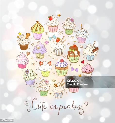 흰색 빛나는 배경 장식 컵 케이크 스케치 낙서 벡터 일러스트입니다 고풍스런에 대한 스톡 벡터 아트 및 기타 이미지 고풍스런 귀여운 낙서 드로잉 Istock