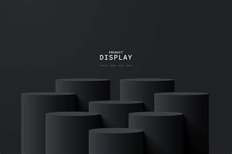8 단계 세트 3d 실린더 연단 받침대 또는 제품 진열대가 있는 빈 검은 방 3d 벡터 기하학적 플랫폼 디자인 모형을 위한 최소한의 벽 장면 제품 발표를 위한 무대 0명에