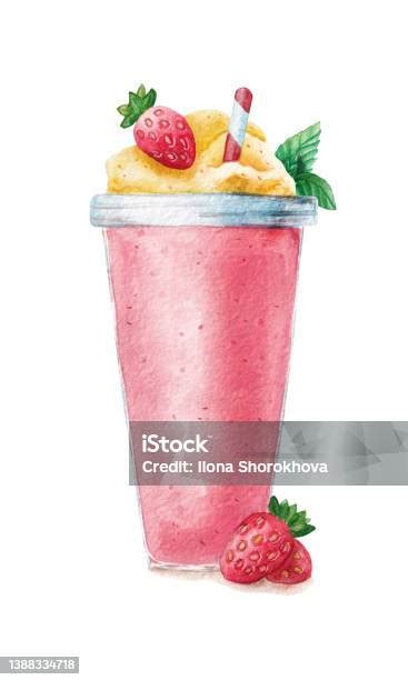 크림 민트 신선한 딸기로 장식된 유리에 딸기 밀크쉐이크핸드 그린 일러스트레이션 0명에 대한 스톡 벡터 아트 및 기타 이미지 0명 건강한 생활방식 건강한 식생활