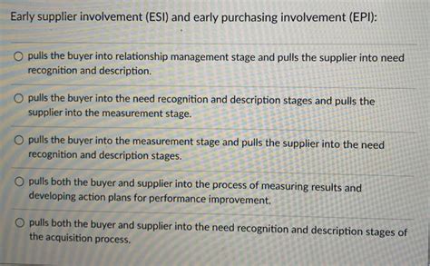 Solved Early Supplier Involvement Esi And Early Purchasing