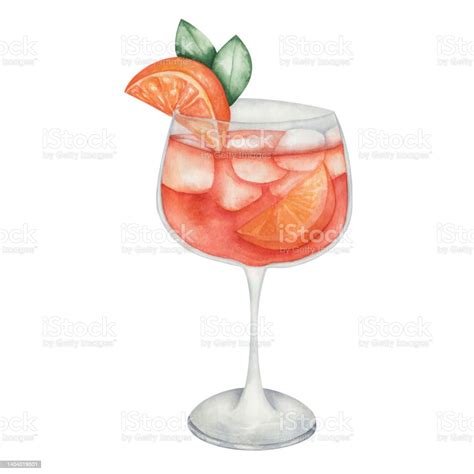 수채화 손으로 유리에 오렌지색 칵테일을 칠하고 과일 오렌지 녹색 잎 입방체 얼음을 슬라이스합니다 레스토랑 카페의 메뉴를위한