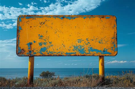 A Blank Yellow Warning Road Sign Against A Clear Blue Sky Perfect For