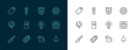 라인 전기 콘센트 배터리 충전 크리에이 티브 램프 조명 아이디어 장갑 냉장고 번개 및 방패 Led 전구 아이콘을 설정합니다 벡터 Led 조명에 대한 스톡 벡터 아트 및 기타