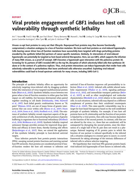 Pdf Viral Protein Engagement Of Gbf1 Induces Host Cell Vulnerability