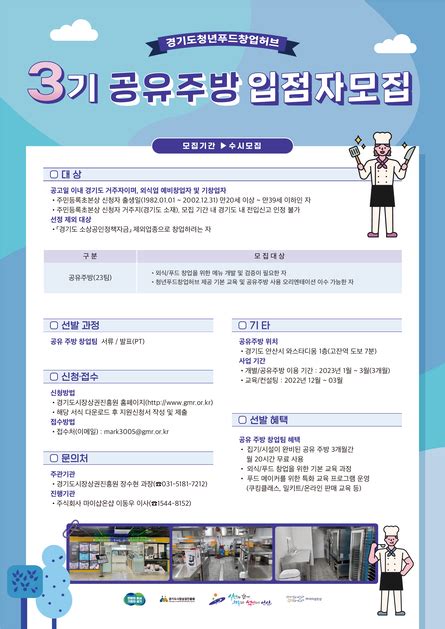 청년푸드창업허브 3기 공유주방 창업팀 모집 정부 및 경기도 지원사업
