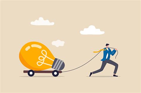 새로운 비즈니스 창의성 아이디어 개념에 대한 노력 또는 영감을 시작하기 위한 비즈니스 아이디어 혁신 또는 영감 야심 찬 사업가는 큰 전구 아이디어를 끌어 들이기 위해 열심히