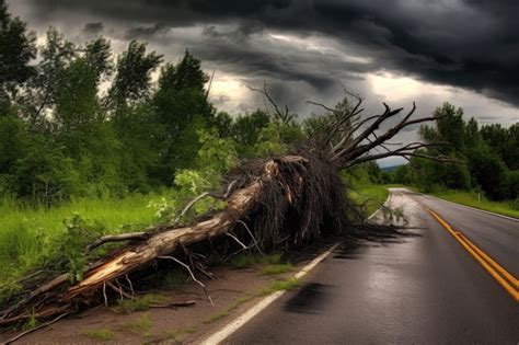 Premium Ai Image Fallen Tree Blocking A Road After A Storm With Dark