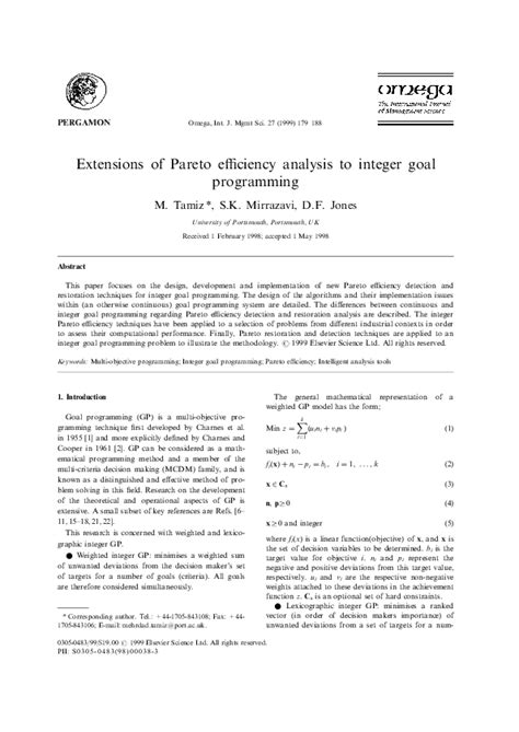 Pdf Extensions Of Pareto Efficiency Analysis To Integer Goal Programming