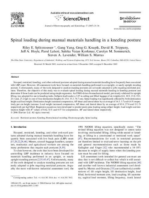 Pdf Spinal Loading During Manual Materials Handling In A Kneeling Posture