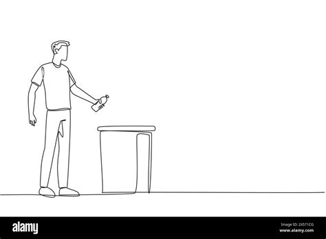 Single One Line Drawing A Man Throw Used Plastic Bottles Into Overflowing Trash Cans