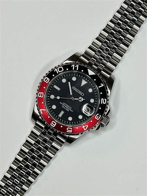 Coke Dual Time Custom Seiko Mod Automatic Dive Watch Jubilee Etsy
