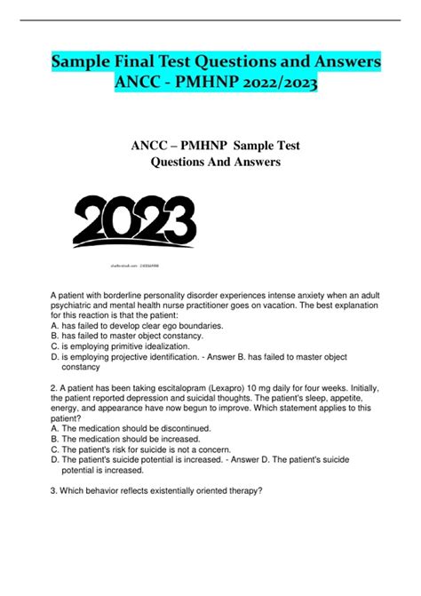 Sample Final Test Questions And Answers Ancc Pmhnp 2022 2023ancc Pmhnp Sample Test Questions