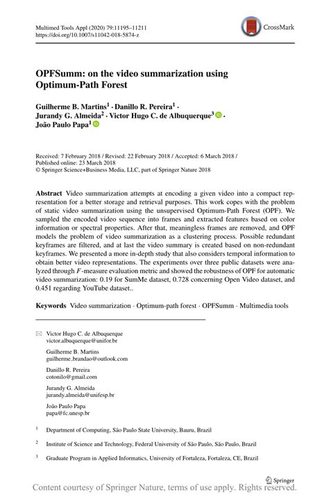 Opfsumm On The Video Summarization Using Optimum Path Forest Request Pdf