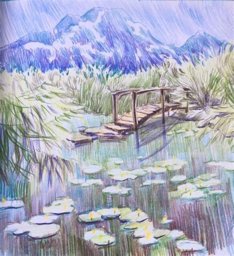 A Drawing Of Water Lilies And A Wooden Bridge In The Middle Of A Pond