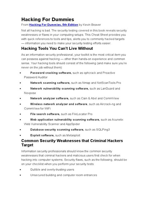 Hacking For Dummies Cheatsheet Pdf Port Computer Networking Transmission Control Protocol