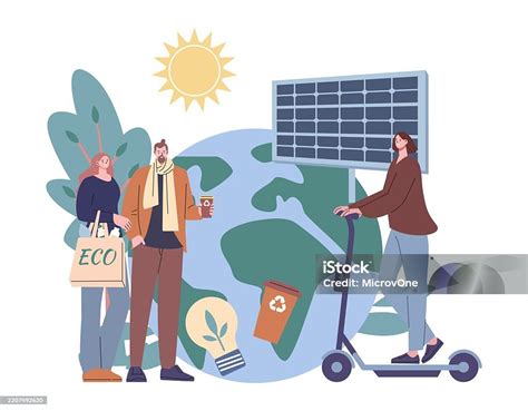 친환경 사람들 재사용 가능한 쇼핑백을 가진 여자 남자는 재활용 커피 컵을 들고 있습니다 태양 전지 대체 에너지 벡터 개념과 행성 지구 가방에 대한 스톡 벡터 아트 및 기타