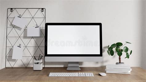 Modern Minimalist Desk In Creative Workspace 3d Render Stock Illustration Illustration Of