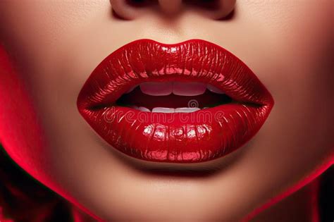 Beautiful Female Lips With Red Lipstick Close Up Shot Generative Ai