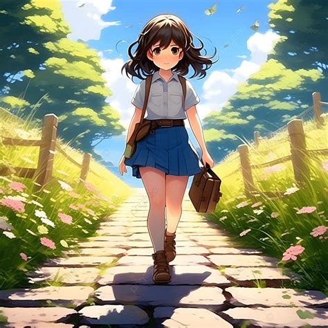 A Kawaii Chibi Girl Walking Through Path Acrylic Art Background A Kawaii Chibi Girl Walking