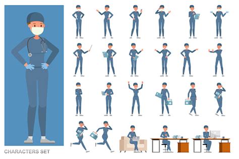 외과 의사 여성 사람들의 작업 문자 벡터 디자인의 집합 감정 달리기 서서 걷기와 함께 다양한 액션으로 프리젠 테이션 여환자에 대한 스톡 벡터 아트 및 기타 이미지 Istock