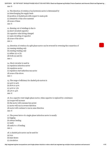 120 Top Most Single Phase Induction Motors Electrical Engineering Multiple Choice Questions And