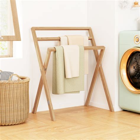 Freestanding Foldable Teak Wood Towel Rack With 3 Hanging Crossbars Costway