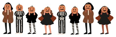 해피 할로윈 일러스트레이션 세트 의상 벡터 클립 아트의 캐릭터 어린이 마녀 유령 해골 애완용 고양이 개 호박 얼굴 박쥐 거미 플랫 스타일 이미지 10월에 대한 스톡 벡터